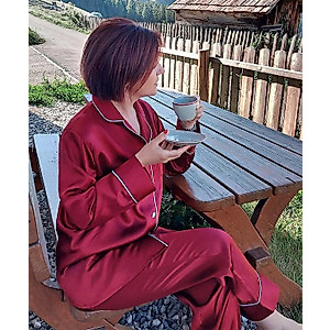 Women's Silk Satin Pajama Button Down Long Sleeve and Pants Set Sleepwear Loungewear Wine Red M