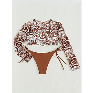 MakeMeChic Women's Two Piece Swimsuit Printed Long Sleeve Bikini Top Swimwear Bathing Suit A Coffee Brown L