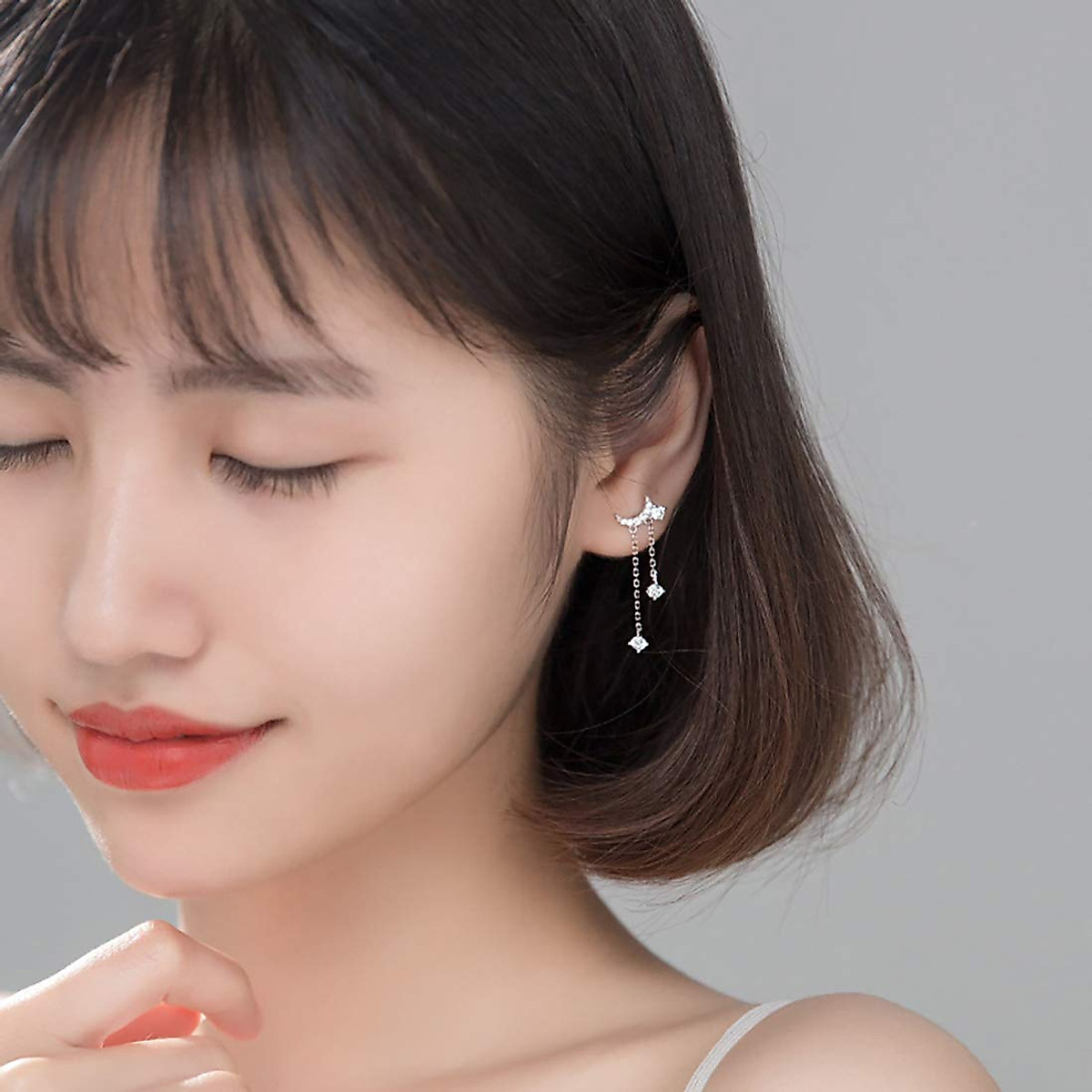 Reffeer Solid 925 Sterling Silver Asymmetric Moon Star Dangle Earring for Women Teen Girls CZ Drop Earrings Tassel Chain