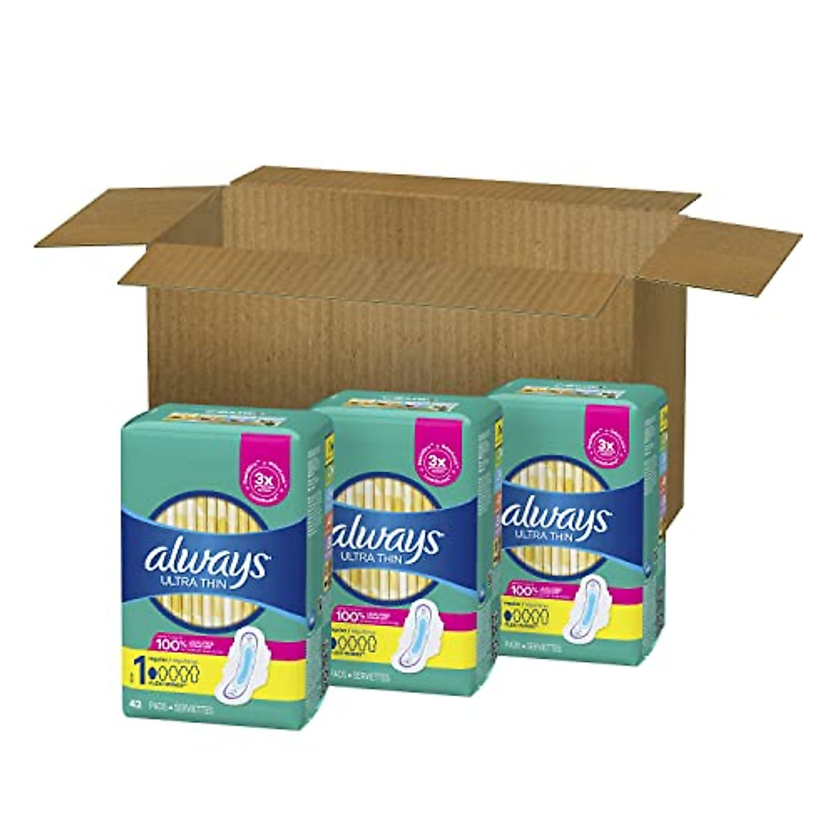 Always Ultra Thin Daytime Pads with Wings, Size 1, Regular, Unscented, 42 Counts x 3 Packs (126 Count total)