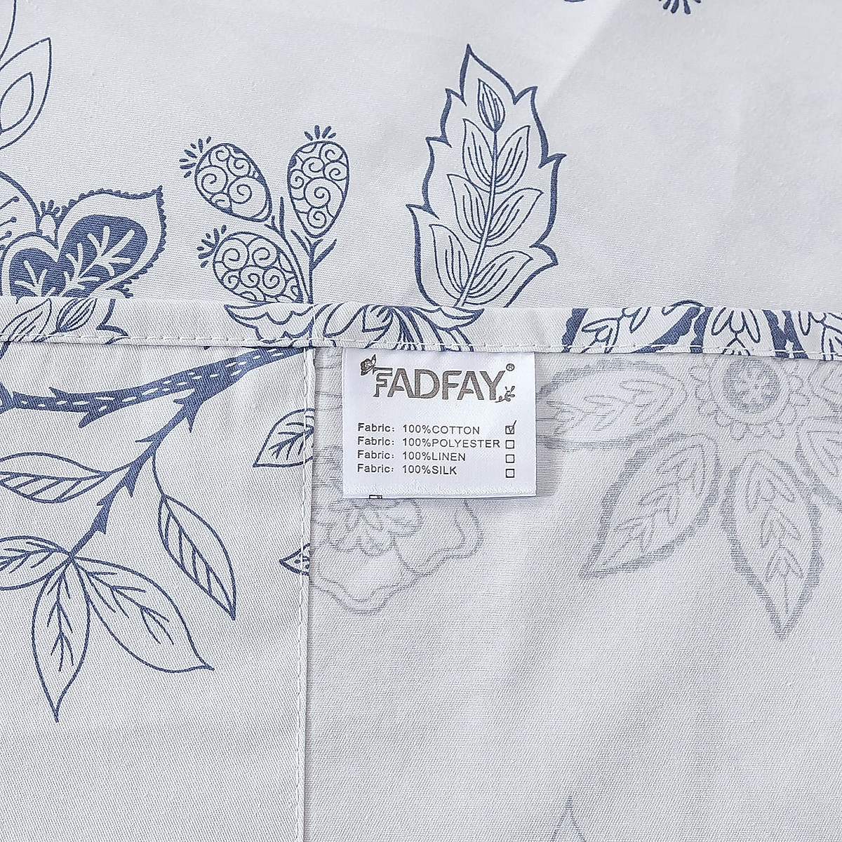 FADFAY 7 Piece 100% Cotton Light Blue Floral Bedding Set Queen Size Bed Sheet Set +Duvet Cover, Soft Toile Flower Complete Bedding(1 Duvet Cover, 1 Fitted Sheet, 1 Flat Sheet + 4 Pillowcase)