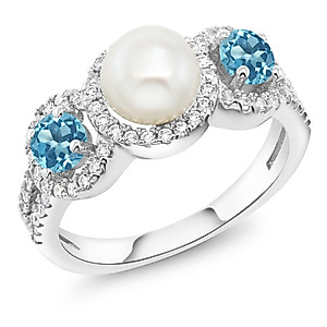 Gem Stone King 925 Sterling Silver Cultured Freshwater Pearl and Swiss Blue Topaz Ring For Women (1.46 Cttw, Gemstone Birthstone, Available In Size 5, 6, 7, 8, 9)