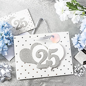 LeZakaa 13" Wedding Gift Bag, Silver Gift Bag with Tissue Paper, Gift Tag and Card - Number 25" with Heart 3D Paster for Silver Wedding Anniversary Celebrations