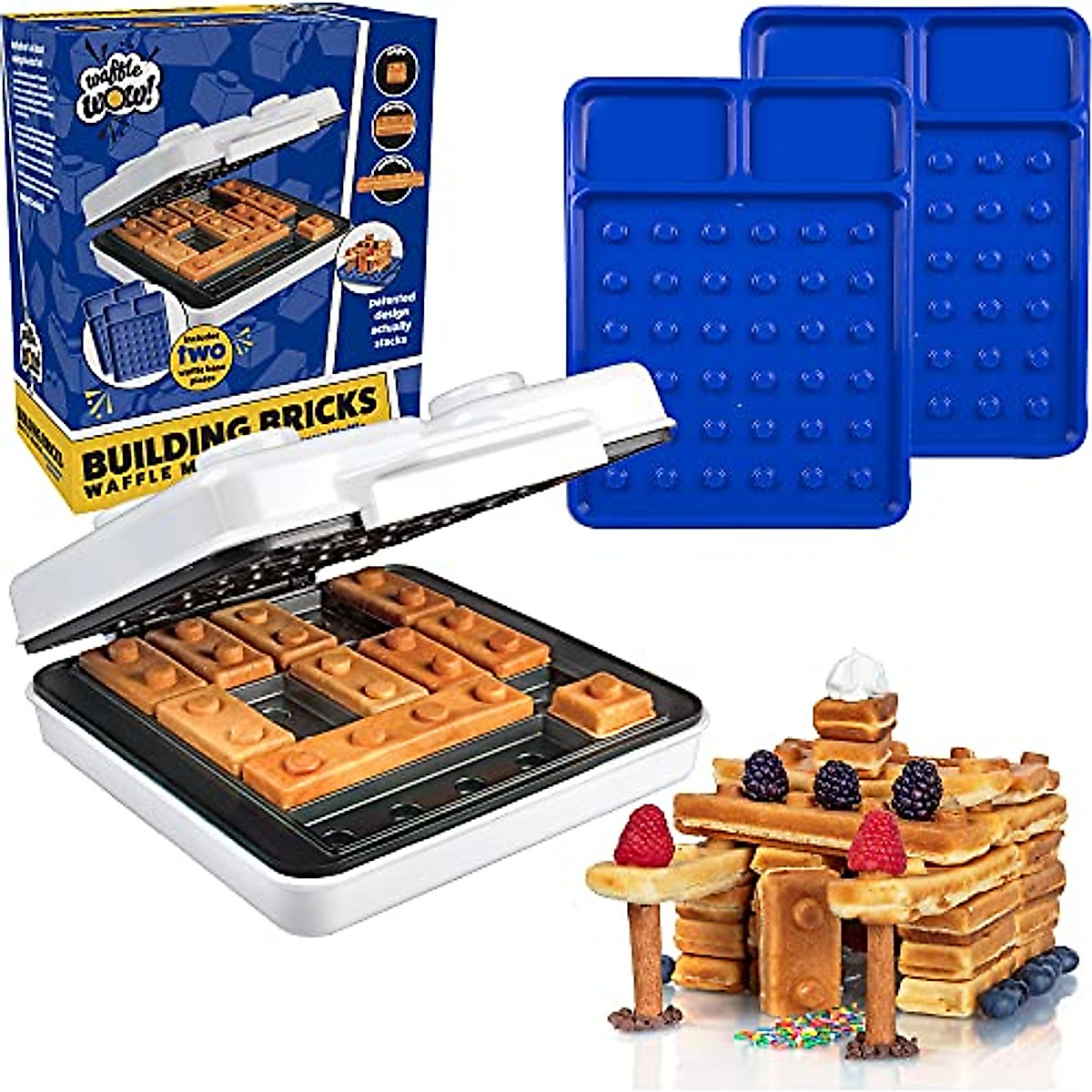 Building Brick Electric Waffle Maker with 2 Construction Eating Plates- Cook Fun, Buildable Waffles or Pancakes in Minutes- Revolutionize Breakfast for Kids, Adults- Stack & Build on Serving Dishes