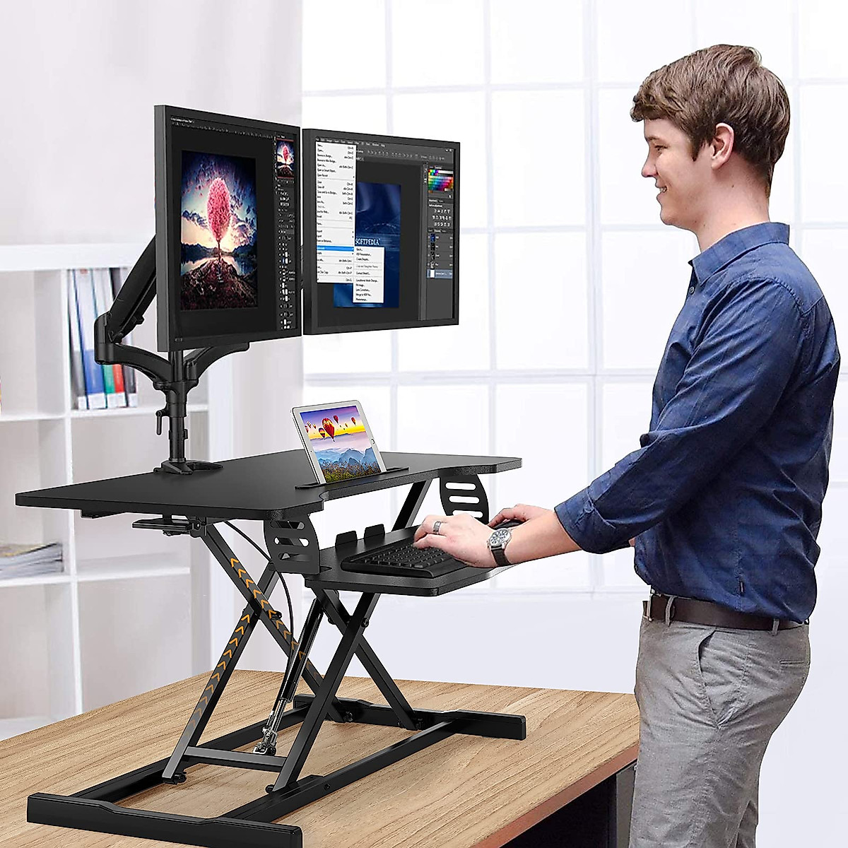 HUANUO Quick Sit to Stand Desktop Gas Spring Riser (Max Height:19.3inch), 32 inch Height Adjustable Standing Desk Converter for Dual Computer Monitors & Laptop Workstation, Perfect Home Office