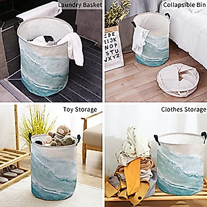 Large Laundry Basket 16.5x17in, Seaside Aesthetic Waterproof Dirty Clothes Bag Hamper with Handles, Blue Green Ombre Sea Beige Beach Collapsible Sorter Basket for Bathroom Bedroom Home