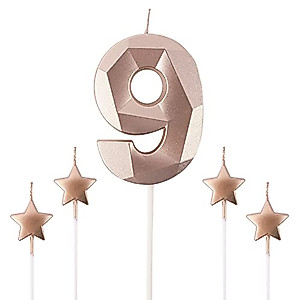 Rose Gold Number 9 Birthday Candles and Star Birthday Candles 2.76 inch Birthday Cake Candles 3D Diamond Shaped Candles are Suitable for Birthday Parties and Anniversary Cake Decorations Candles