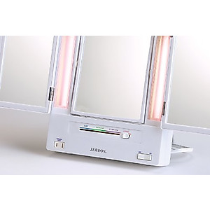 JERDON Tri-Fold Two-Sided Makeup Mirror with Lights - Vanity Mirror with 5X Magnification & Multiple Light Settings - White Base - Model JGL9W