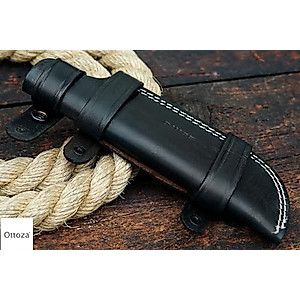 Ottoza Handmade Leather Knife Sheath LEFT HAND Bushcraft Knife Sheath - Hunting Knife Sheath - Survival Knife Sheath - Fixed Blade Knife Sheath Horizontal Carry Black TOP GRAIN LEATHER No:40