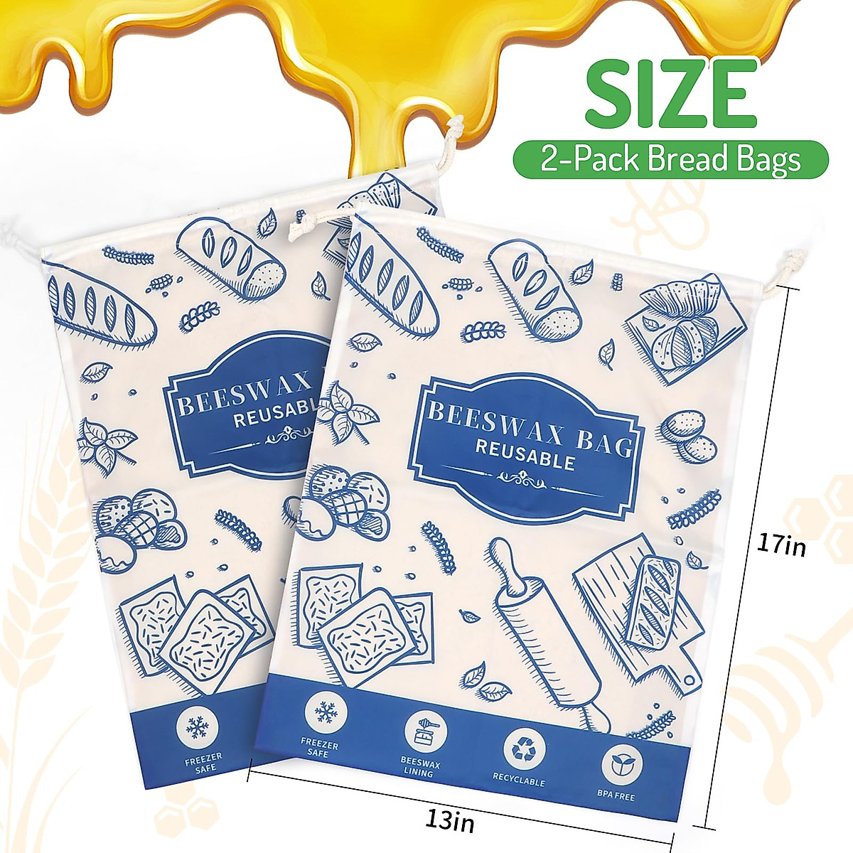 2-Pack Beeswax Bread Bags for Homemade Bread，Reusable Sourdough Storage Bags with Premium Beeswax Coating for Loafs Baguette Fresh Keeping,Great Homesteading Essentials and Baking Gifts.