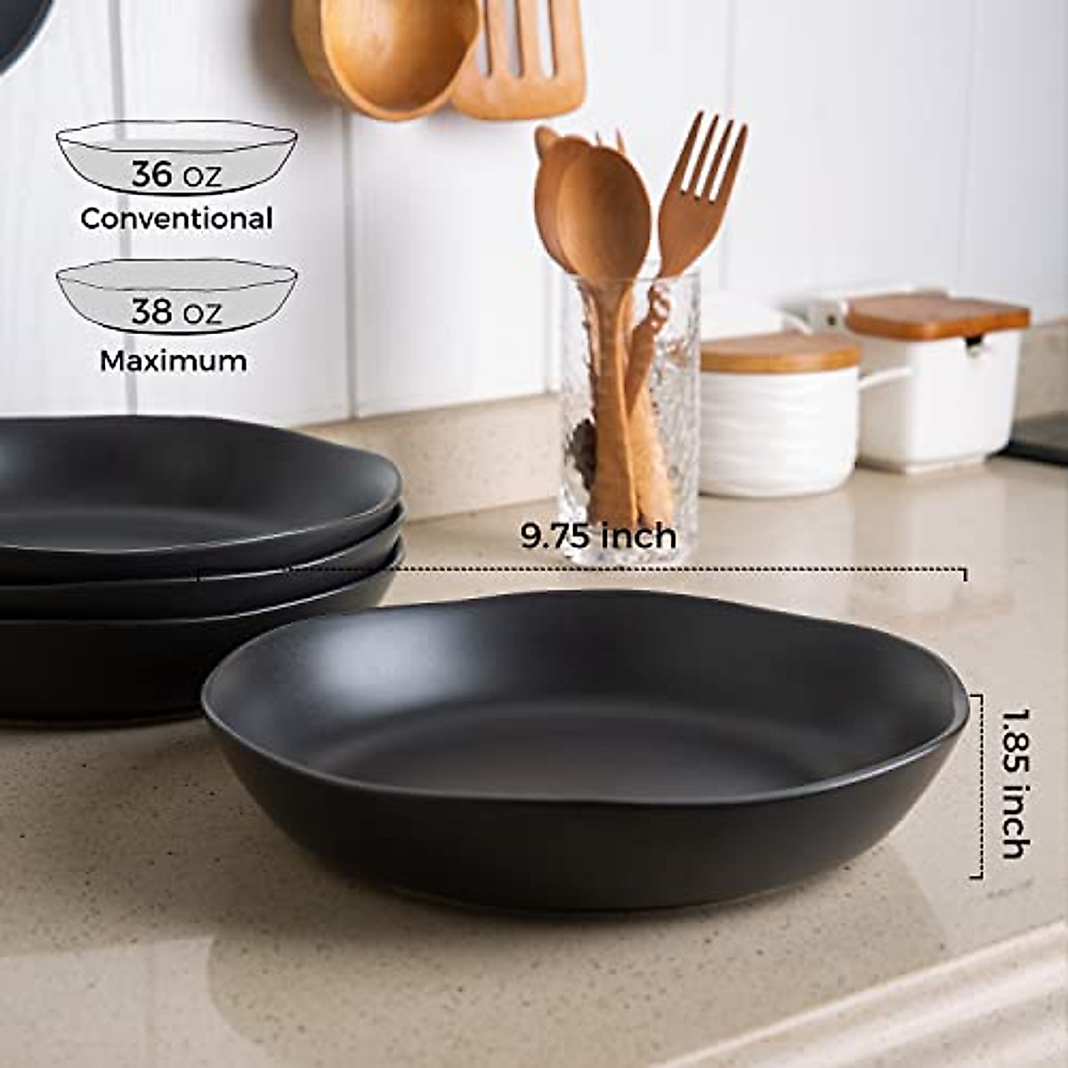AmorArc 9.75 inch Stoneware Flat Pasta Bowls, 38oz Large Wide Bowls Set of 4 for Kitchen, Microwave Safe Bowls with Wavy Rim for Pasta Salad, Matte Black