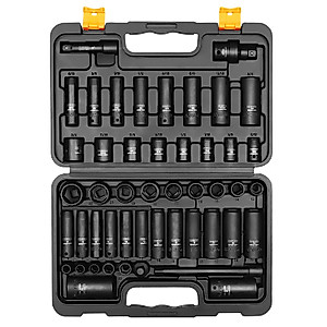 DEKOPRO 48 Piece 3/8-inch Drive 6 Point Impact Socket Set, Standard and Deep, Metric and SAE, CR-V Steel with Extension Bar and Universal Joints