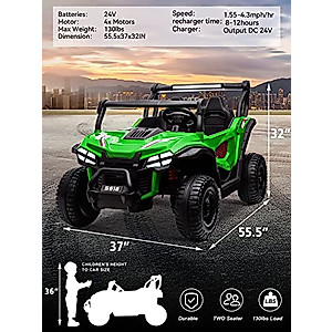OTTARO 24V Ride on Cars 2 Seater, Electric Cars Vehicles for Adults and Kids, 4WD Ride on UTV Truck w/Remote Control, 25" Spacious Seat, 2 Safety Belts, Bright Light, Music Player,Bluetooth（Green）