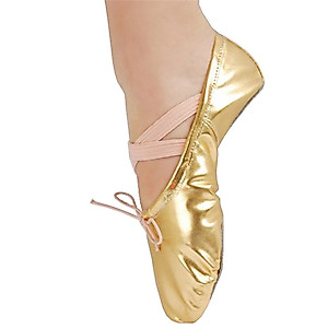 missfiona Womens PU Leather Ballet Slippers Dance Shoes Split Sole Belly Flat Adult Dance Trainers(7, Gold)