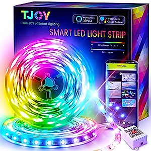 TJOY 50ft Smart Led Strip Lights for Bedroom, Alexa Led Light Strip,5050 RGB Color Changing Music Sync Led Lights Strip with App Remote,Multi-Color Wireless Led Lights for Bedroom (APP+Remote+Voice)