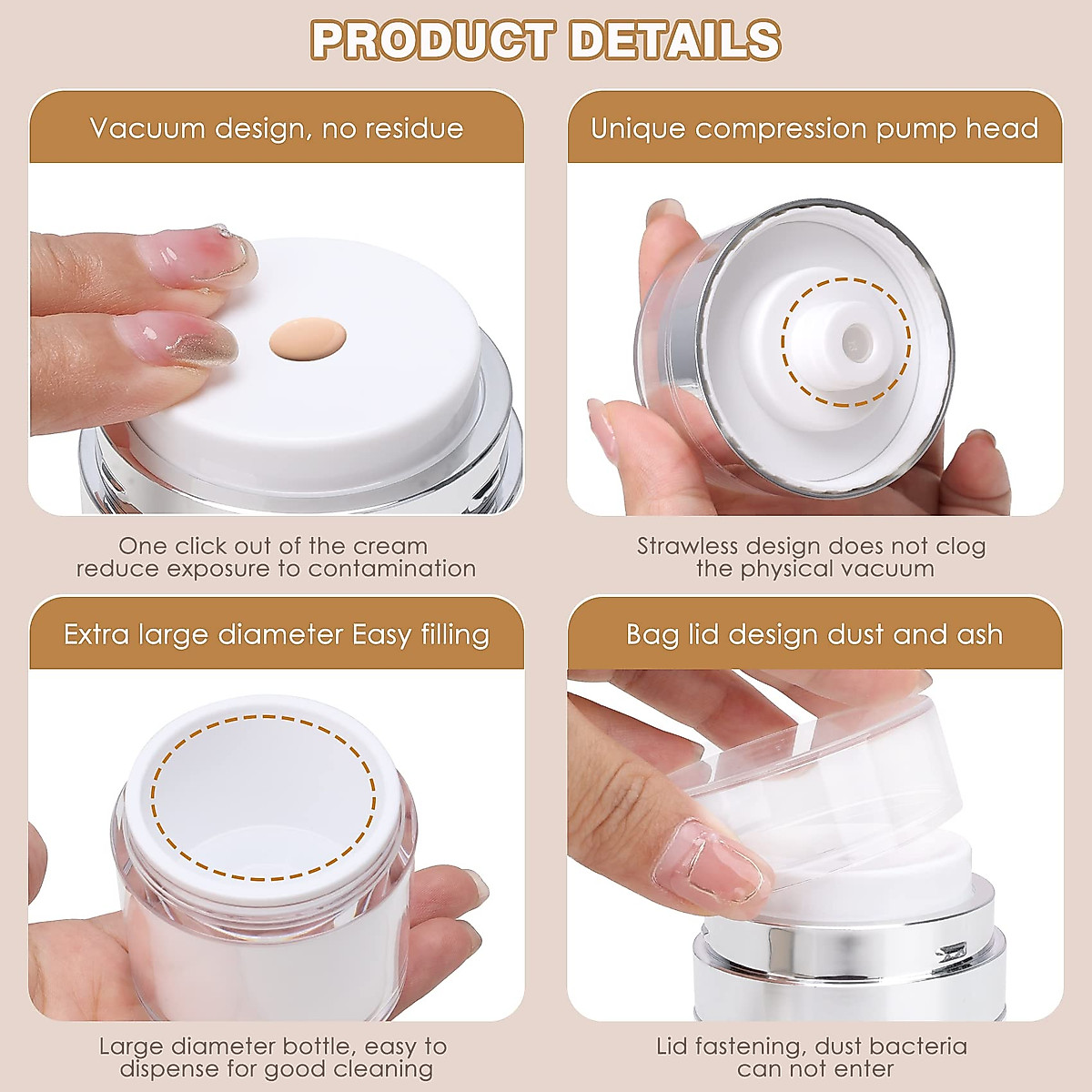 Airless Pump Jar, 2 Pieces Moisturizer Pump Dispenser, Refillable Cosmetic Jars Airless Pump Bottles, Leak-proof Empty Travel Size Cream Jar Vacuum Lotion Bottle Container (2 Pack)