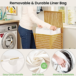 VIAGDO Laundry Hamper with Lid, 120L Large Divided Clothes Hamper, Bamboo Laundry Basket with 2 Sections Removable Liner Bag, 17.7x17.7x25.8 Inches, Natural