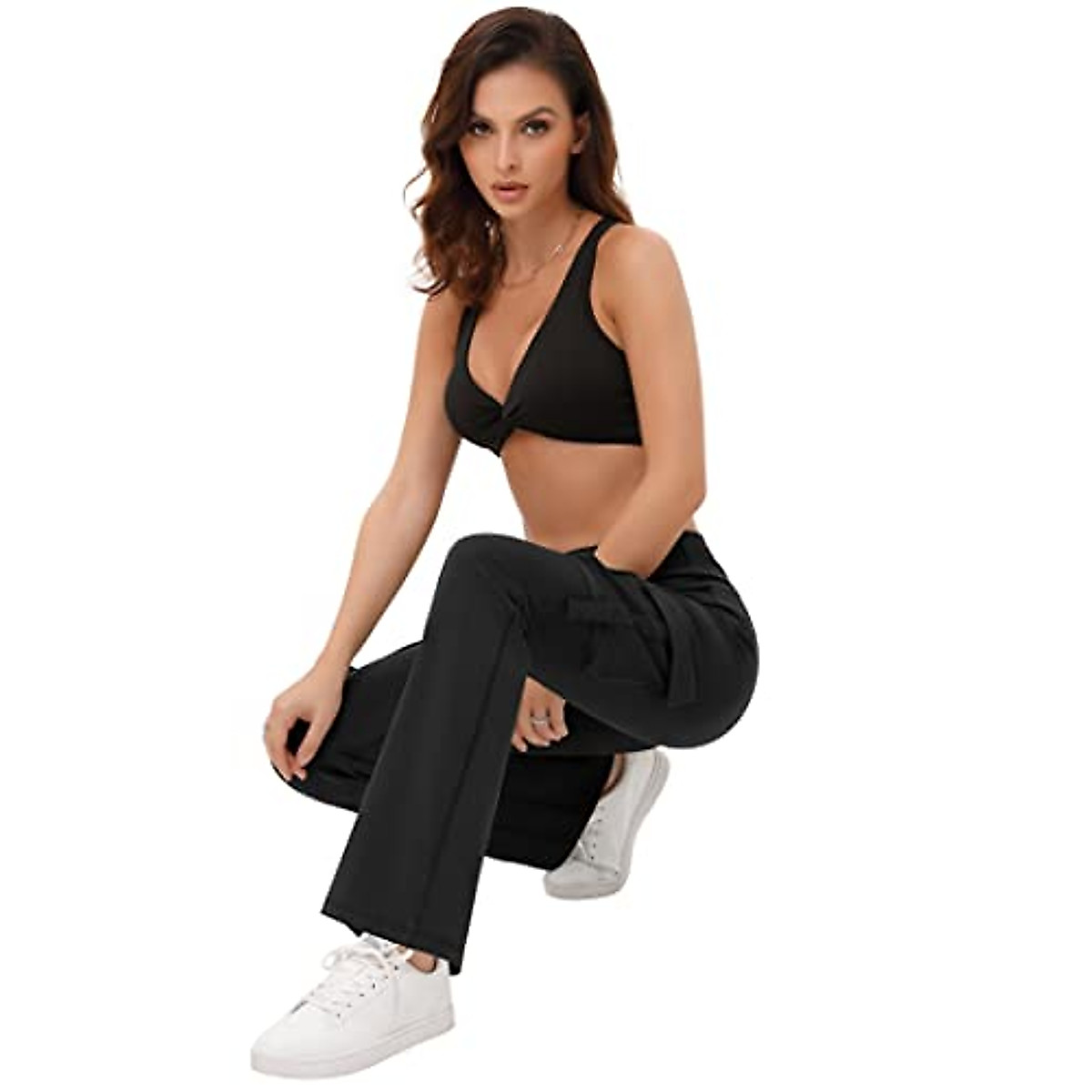 GymSmart Mid Waisted Yoga Cargo Pants for Women Stretch Bootcut Casual Pants Black
