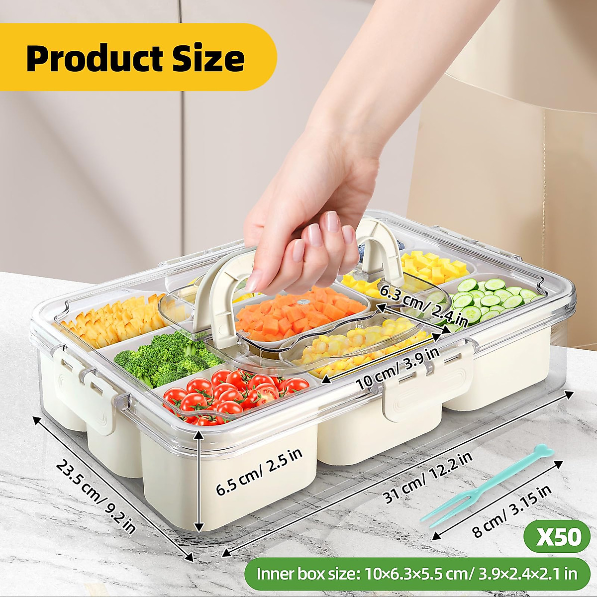 Portable Snackle Box Container with Lid and Handle, 9 Detachable Dividers Charcuterie Board Container Clear Organizer Food Storage for Fruits,Candy, Nuts- Perfect for Party, Travel & Picnic