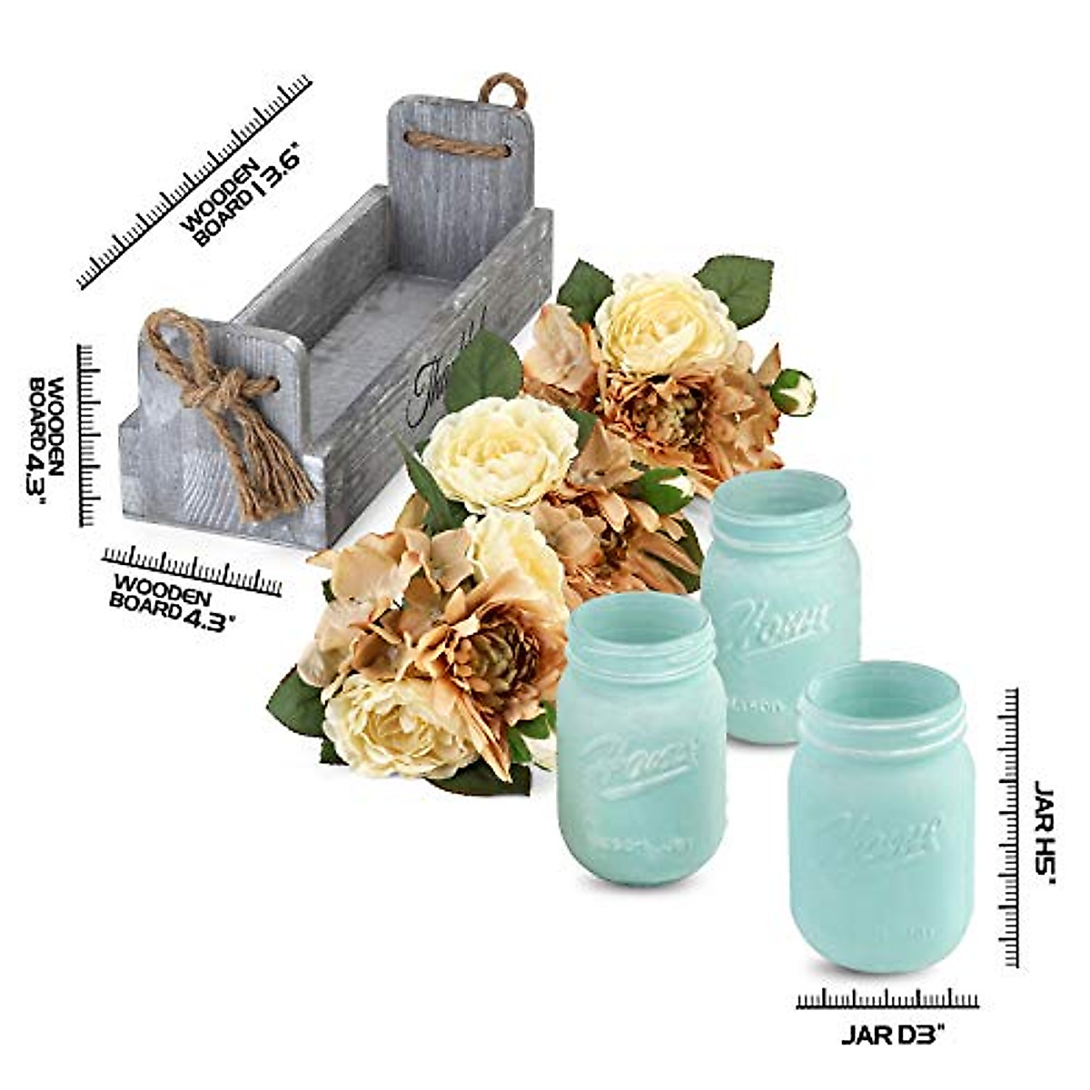 GBtroo Mason Jar Dining Table Centerpieces - Coffee Table Decor with 3 Mason Jars and Flowers - Farmhouse Home Decor Rustic Living Room and Kitchen Decoration Center Piece Farmhouse Centerpieces For Dining Room Table