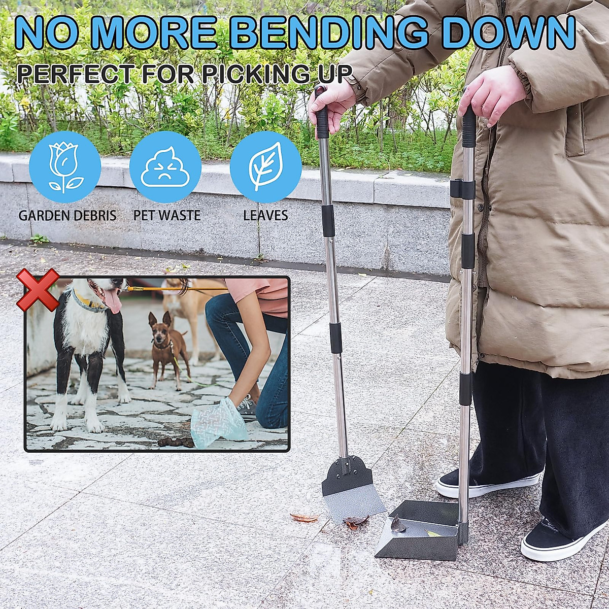 SCENEREAL Dog Poop Scooper - Tray & Spade Set, Metal Pooper Scooper for Large and Small Dogs, Pet Waste Removal Scoop with No Bending Detachable Handle for Yard