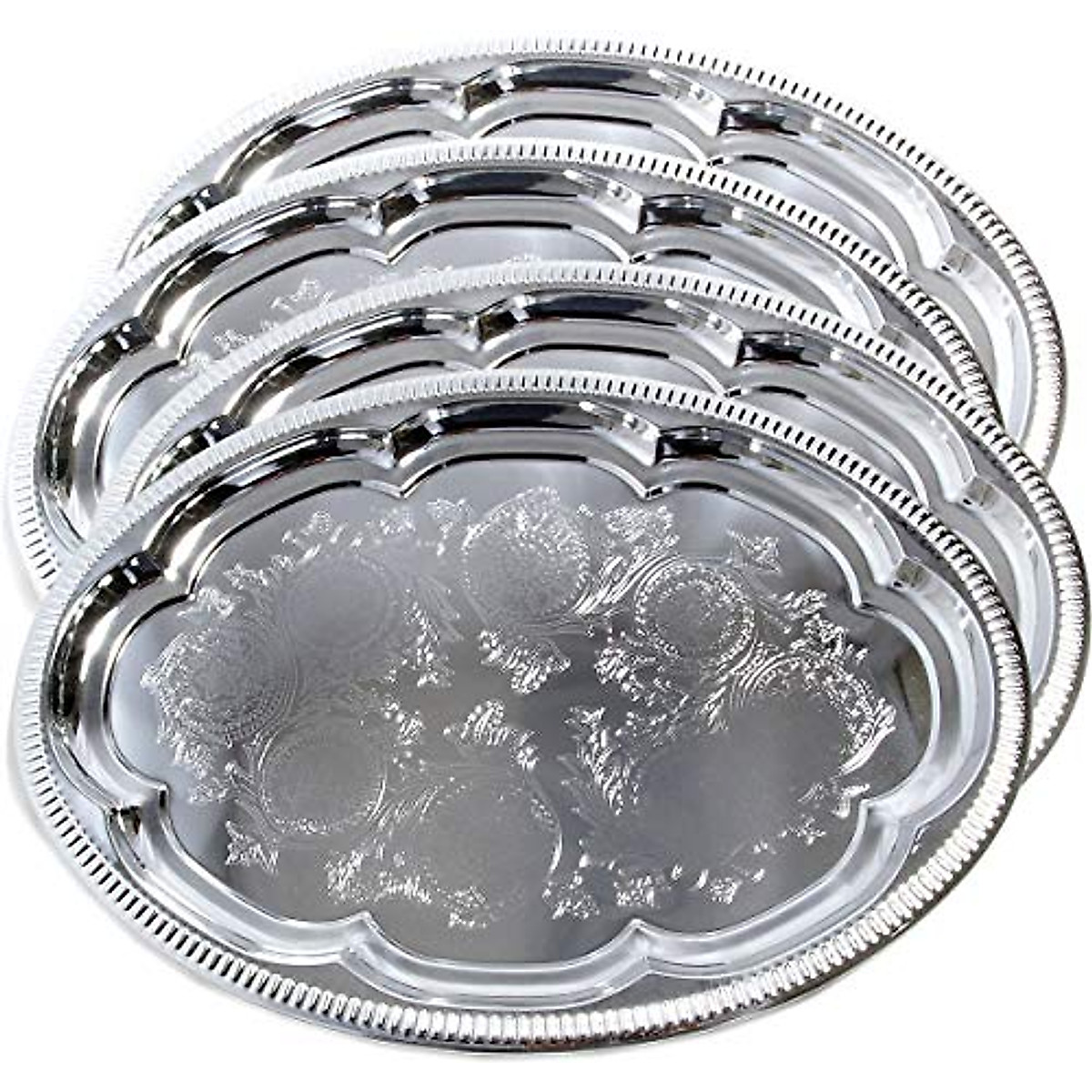 Maro Megastore (Pack of 4) 15.7 inch x 11.4 inch traditional oval flower pattern carving dining chrome plated dinner plate mirror plate plate plate metal tableware party Medium T225M-4PK