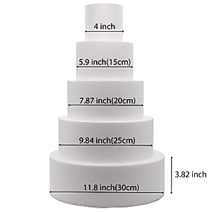 Crafare 5 Tiers Round Foam Cake Dummies Set 20 Inch Tall White Fake Cake Dummy Set 4“ 6” 8“ 10” 12“ for Wedding Supplies Baby Shower Birthday Decorating Display