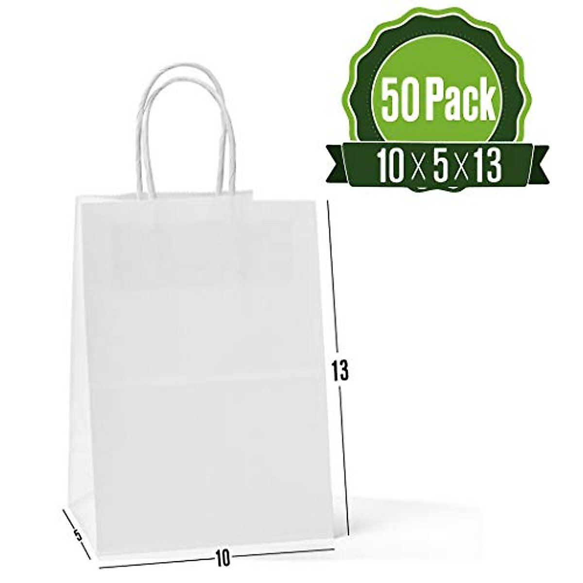 [50 Bags] 10 X 5 X 13 White Kraft Paper Gift Bags Bulk with Handles. Ideal for Shopping, Packaging, Retail, Party, Craft, Gifts, Wedding, Recycled, Business, Goody and Merchandise Bag