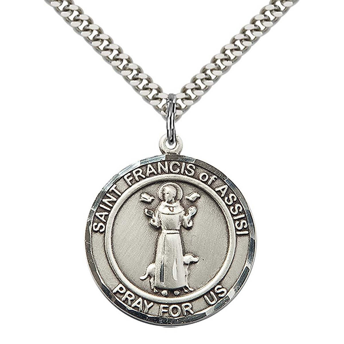 F A Dumont Sterling Silver St. Francis of Assisi Pendant with 24" Stainless Steel Heavy Curb Chain. Patron Saint of Animals/Catholic Action