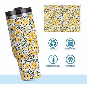Yasala Car Tumbler with Handle Spring Yellow Flower Cute Travel Mug Coffee Cup Insulated Beverage Container Mega Cup for Hot Cold Drinking Thermos Water Bottle Cupholder Friendly 40 oz