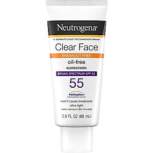 Neutrogena Clear Face Liquid Lotion Sunscreen for Acne-Prone Skin, Broad Spectrum SPF 55 with Helioplex Technology, Oil-Free, Fragrance-Free & Non-Comedogenic Facial Sunscreen, 3 fl. oz