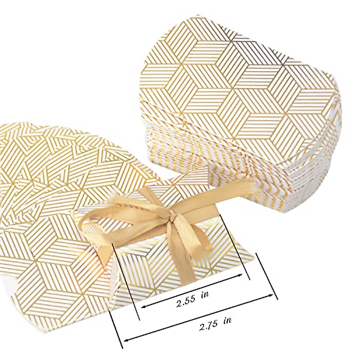 Aokbean Pack of 100 European Kraft Paper Pillow Gift Boxes Wedding Favor Party Supply Favor Gift Candy Box with 50 Yards Ribbon (Gold Stripes)