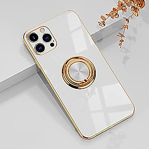 aowner Compatible with iPhone 12 Pro Max Ring Holder Case Shiny Plating Rose Gold Edge 360 Degree Rotation Kickstand for Women Girls Slim Soft Flexible TPU Protective Cover Case, 6.7 Inch