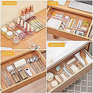 SMARTAKE 28-Piece Drawer Organizers with Non-Slip Silicone Pads, 4-Size Desk Drawer Organizer Trays Storage Tray for Makeup, Jewelries, Utensils in Bedroom Dresser, Office and Kitchen, Clear
