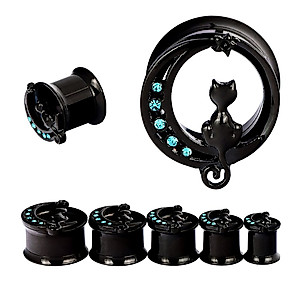 YOFANST Stainless Steel Black Cat on The Moon Ear Expander Piercing Tunnels Gauge 0g