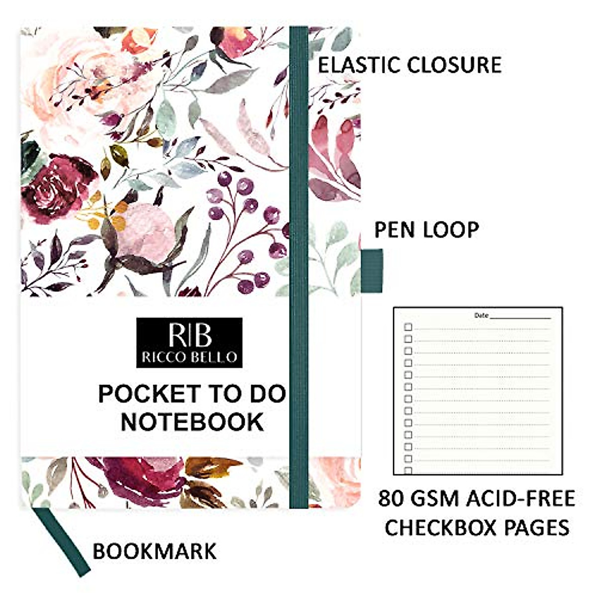RICCO BELLO Pocket to Do List, Undated, Notebook with Pen Loop, Storage Pocket, For Work, School, Home, Productivity Planner, 4.25 x 6 inches (Blossoms)