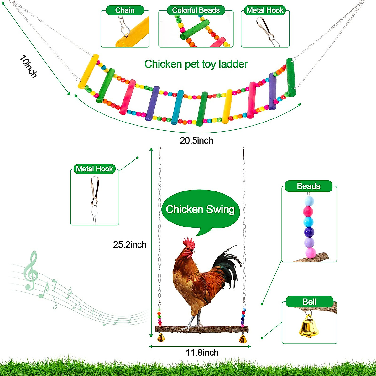 Hipykat 6 Packs Chicken Toys Set - with Chicken Xylophone Toy, Chicken Mirror, Chicken Ladder Bridge, Coop Swing, Vegetable Hanging Chicken Feeder, Chewing Foraging Toys, Accessories for Hens