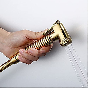 MINJING Handheld Toilet Bidet Sprayer, Solid Brass Douche kit Bathroom Shattaf Shower Bidet Faucet with Swivel Holder, Angle Valve, Titanium Gold,A