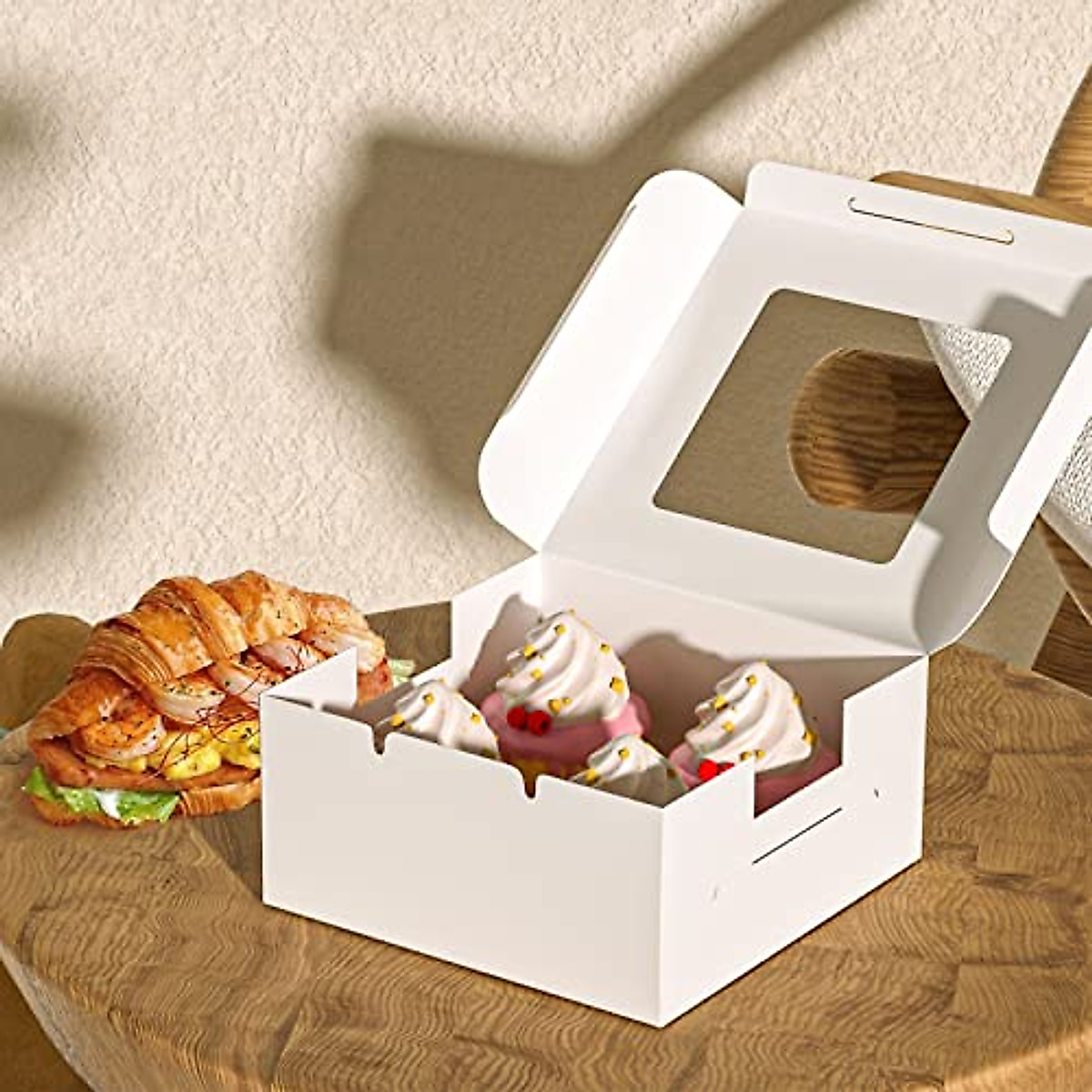 Feelfine 30pcs Cake Boxes 6x6x3 Inches White Bakery Boxes with Window Small Pastry Boxes Cookie Boxes Dessert Boxes for Cookies, Strawberries, Cupcakes, Pastries, Donuts