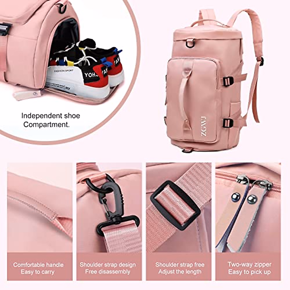 ZGWJ Sports Gym Bag with Wet Pocket & Shoes Compartment, Waterproof Shoulder Weekender Bag for Women and Men Swim Sports Travel Duffel Bag Lightweight and easy Carry on Light Pink