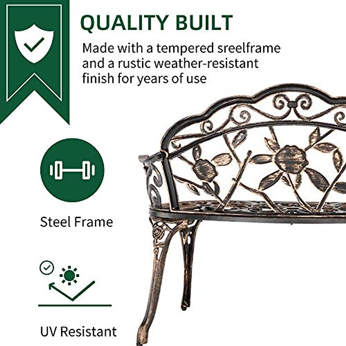 Payhere Garden Benches for Outdoor, 39.7 in Antique Designed Metal Rose Carving Front Porch Bench, Cast Iron Cast Bronze Frame Antique Finish, Durable Patio Park Decor Leisure Bench for 2 Person Seat