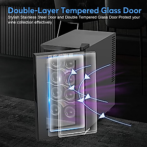 8 Bottle Small Wine Fridge, Mini Wine Cooler with Removable Shelves Interior Light Digital Touch Control, Double-Layer Tempered Glass Door Wine Cooler Refrigerator