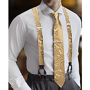 Barry.Wang Men Suspender Set with Necktie Elastic Y Type Heavy Duty 6 Clips Braces Designer Gift (Paisley Gold Flower)