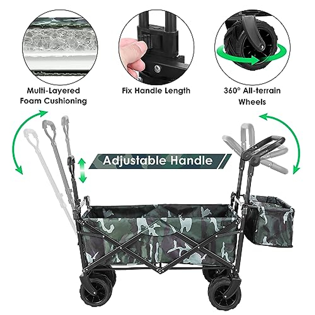 Arlopu Collapsible Garden Cart w/Removable Canopy, Extra Large Folding Utility Wagon Carts w/7" Wheels, Heavy Duty Outdoor All Terrain Beach Wagon for Camping, Shopping, Picnic, Sports (Camouflage)