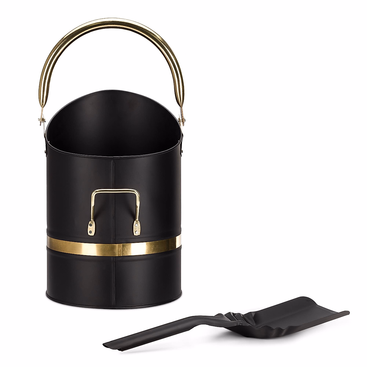 Navaris Fireplace Ash Bucket - Black Metal Bucket with Handle and Shovel for Fire Ash Charcoal and Coal - Home Wood Burner Pit Fireplace Accessories