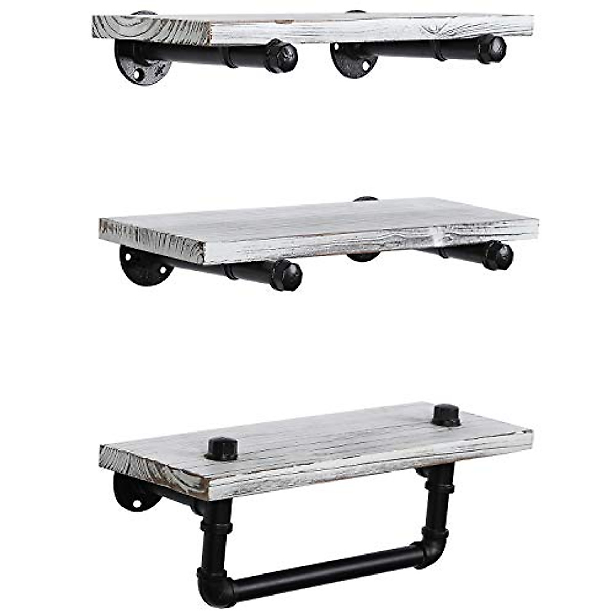 MyGift Wall Mounted White Washed Solid Wood Floating Shelf Organizer, 3 Piece Set Mounted Bathroom Display Shelf with Towel Bar and Industrial Metal Pipe Brackets