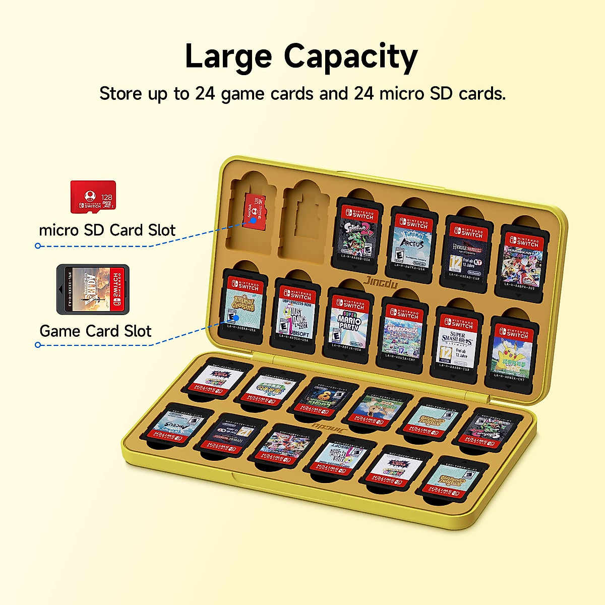 JINGDU 24-Slot Switch Game Card Case Compatible with Switch Games & micro SD Card, Hard Shell, Soft Lining, the Games Holder Suitable for Switch, Lite & OLED Game Card, Yellow Random Pattern