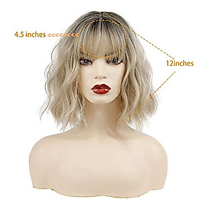 MISSQUEEN Short Ombre Blonde Wigs Wavy Bob Wig with Bangs Women Synthetic Curly Pastel Bob Wig for Girl Colorful Cosplay Wigs
