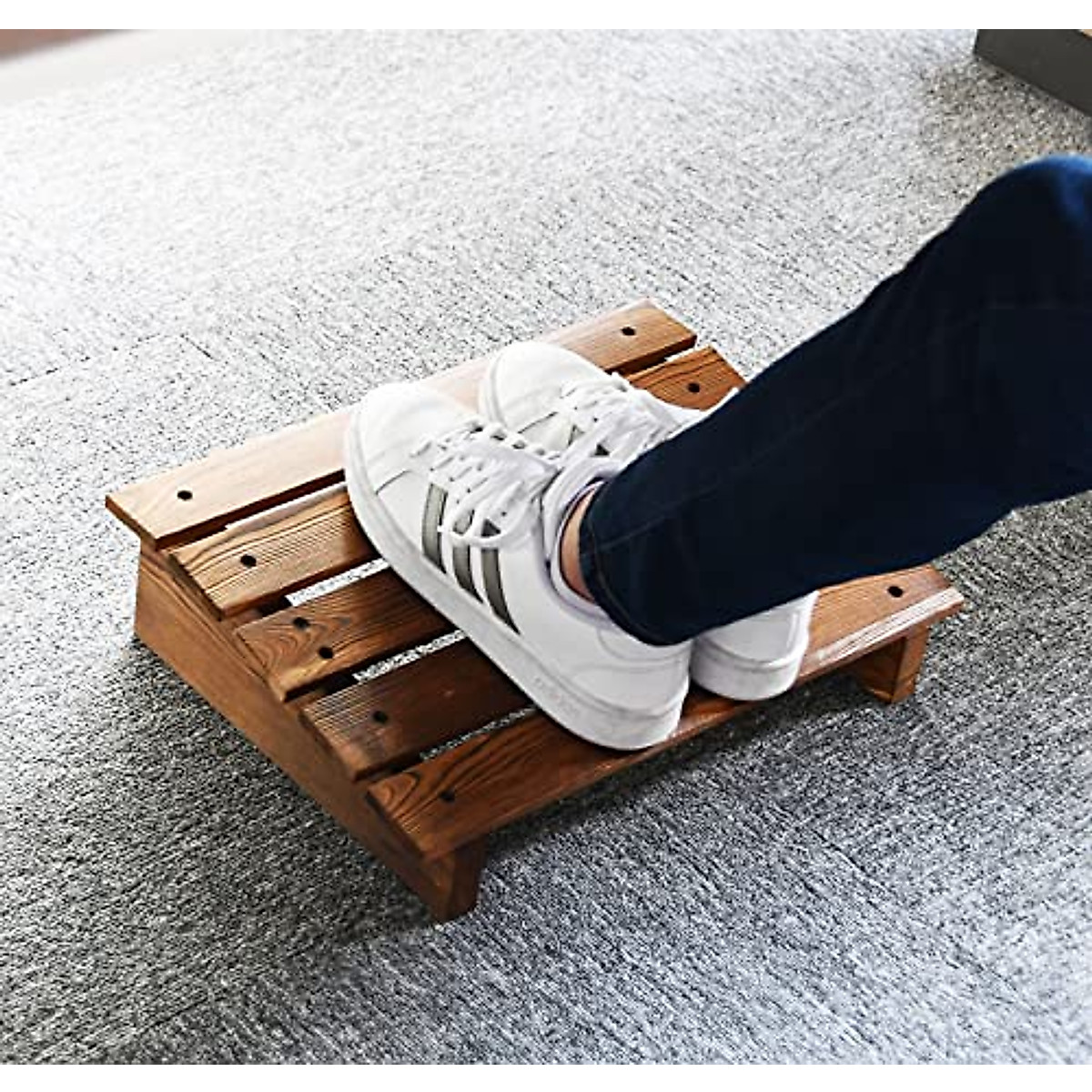 OwlGift 15-Inch Rustic Ergonomic Foot Stool for Under Desk at Work, Solid Brown Wood Footrest W/ Tilted Design, Angled Posture Support Stool W/ Slatted Design for Home, Office Chairs, PC Gaming