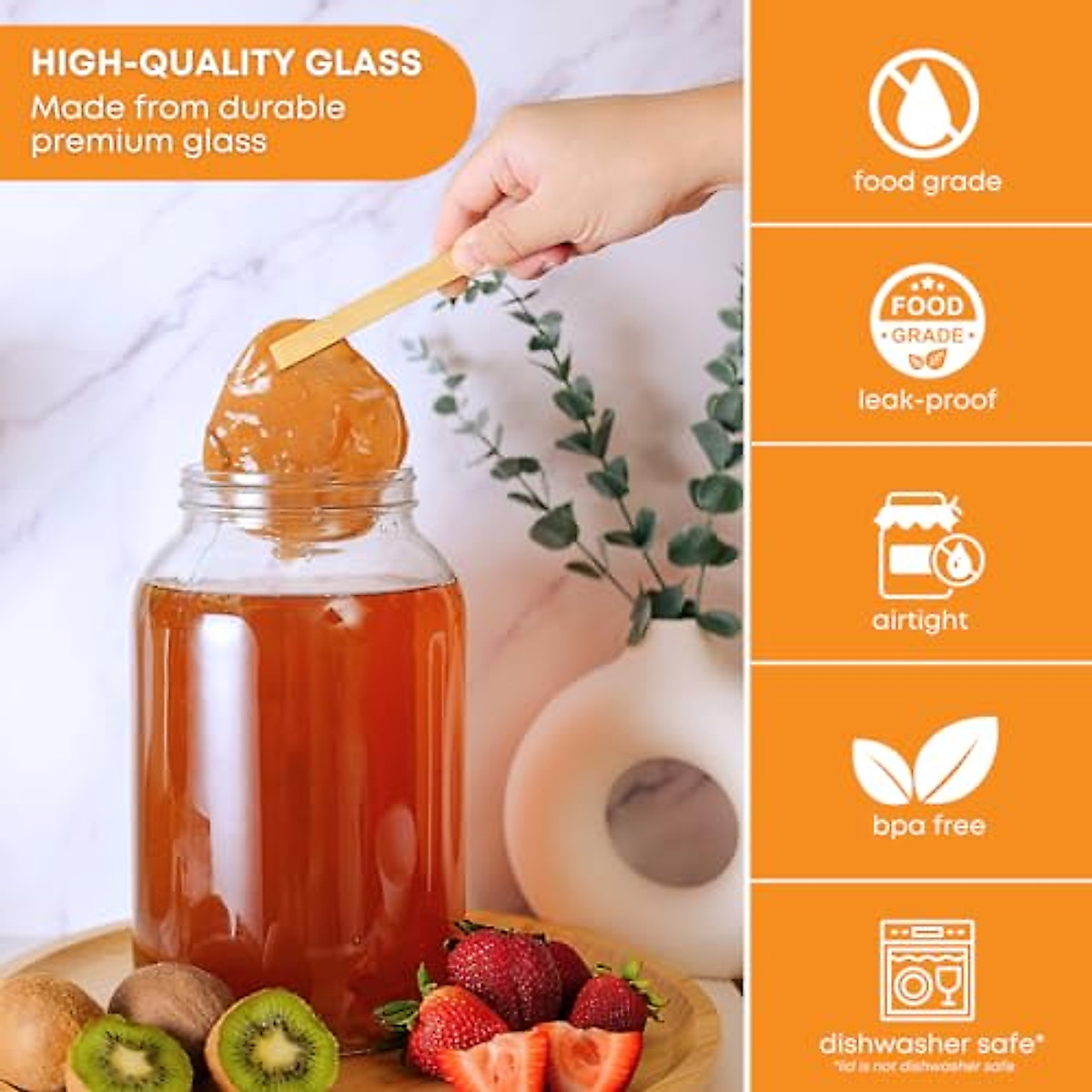 FastRack - Pack of 2 One Gallon Wide Mouth Jars with White METAL Airtight Lids, 2 Glass Jars with 2 Fermentation Lids, Ideal Glass Jars with Lid for brewing, fermentation and pickling